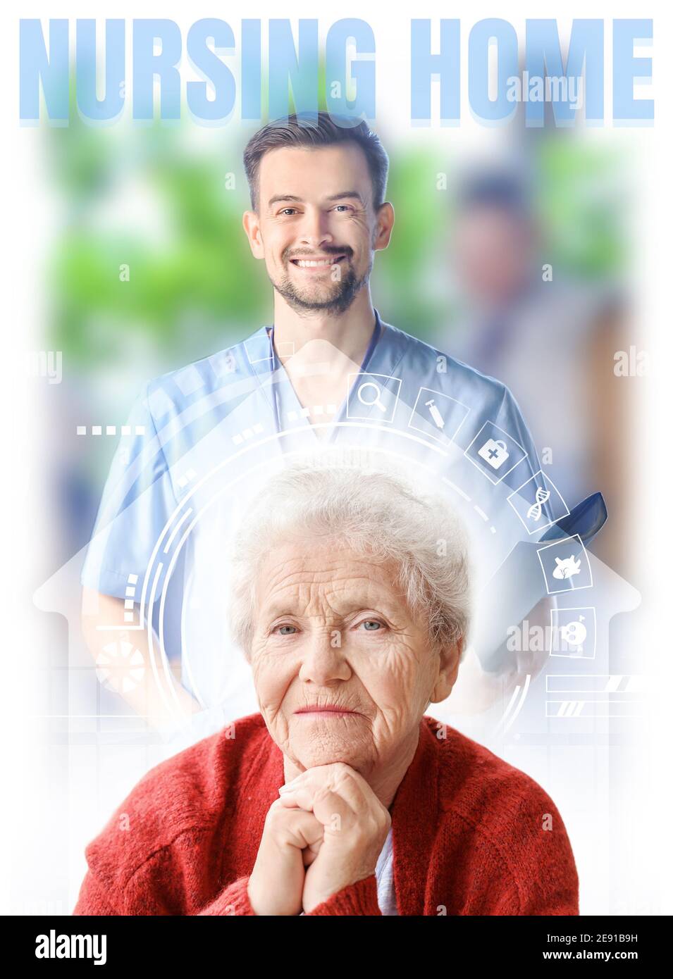 Collage of elderly woman and young caregiver. Concept of nursing home ...