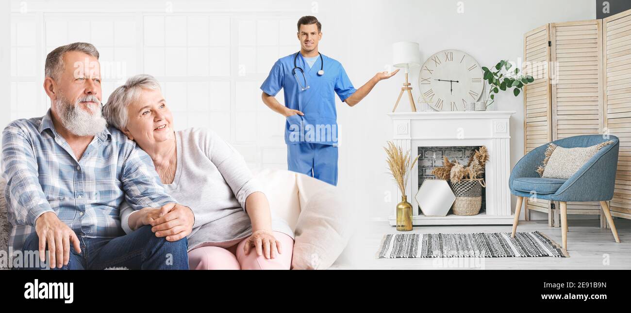 Collage of young caregiver and happy senior couple resting in nursing ...