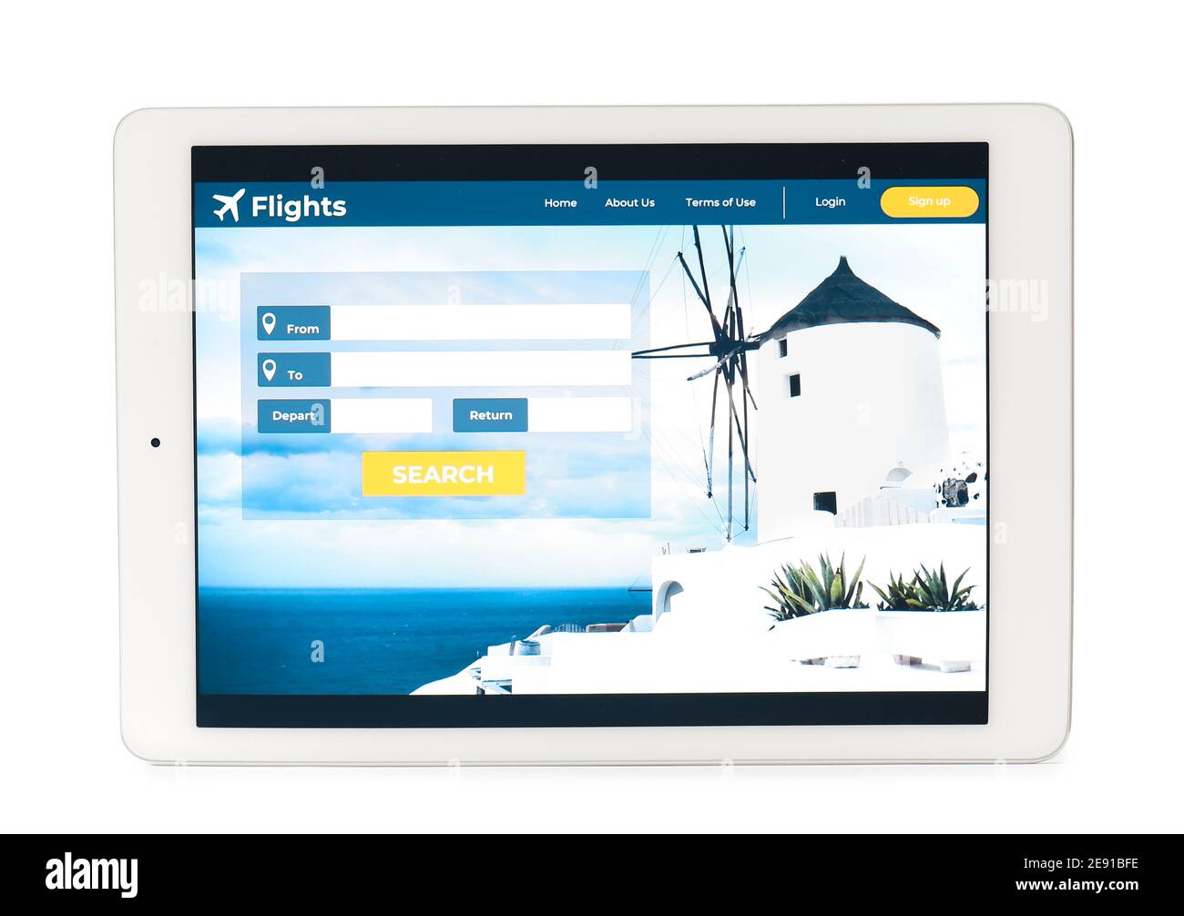 Open page of online booking service on screen of tablet computer on ...