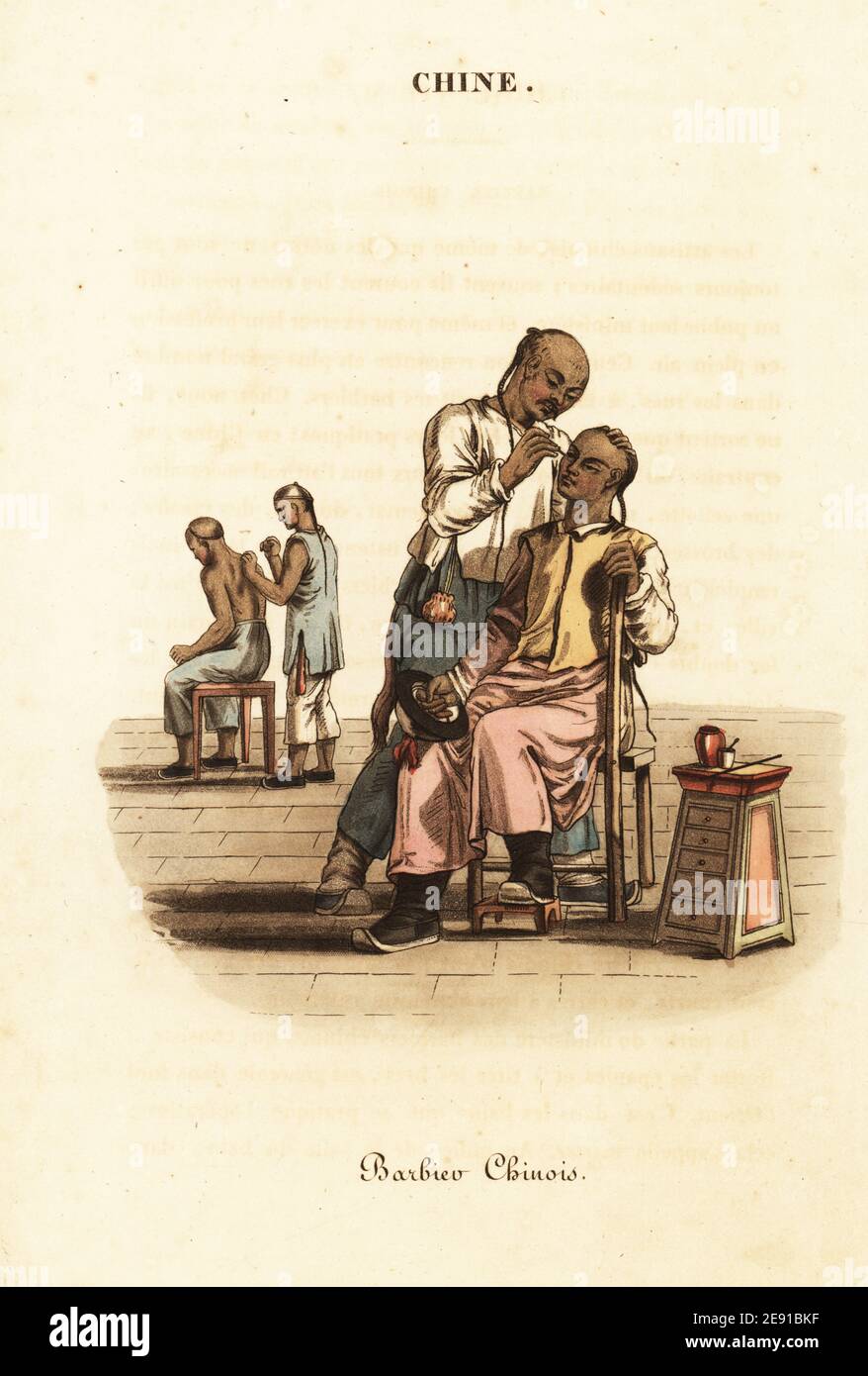 Chinese barbers champooing, 18th century. One barber cleans a customer ...
