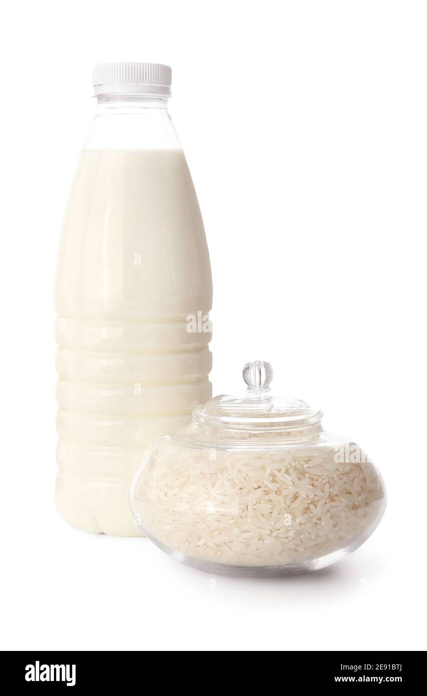 Bottle of rice milk on white background Stock Photo - Alamy