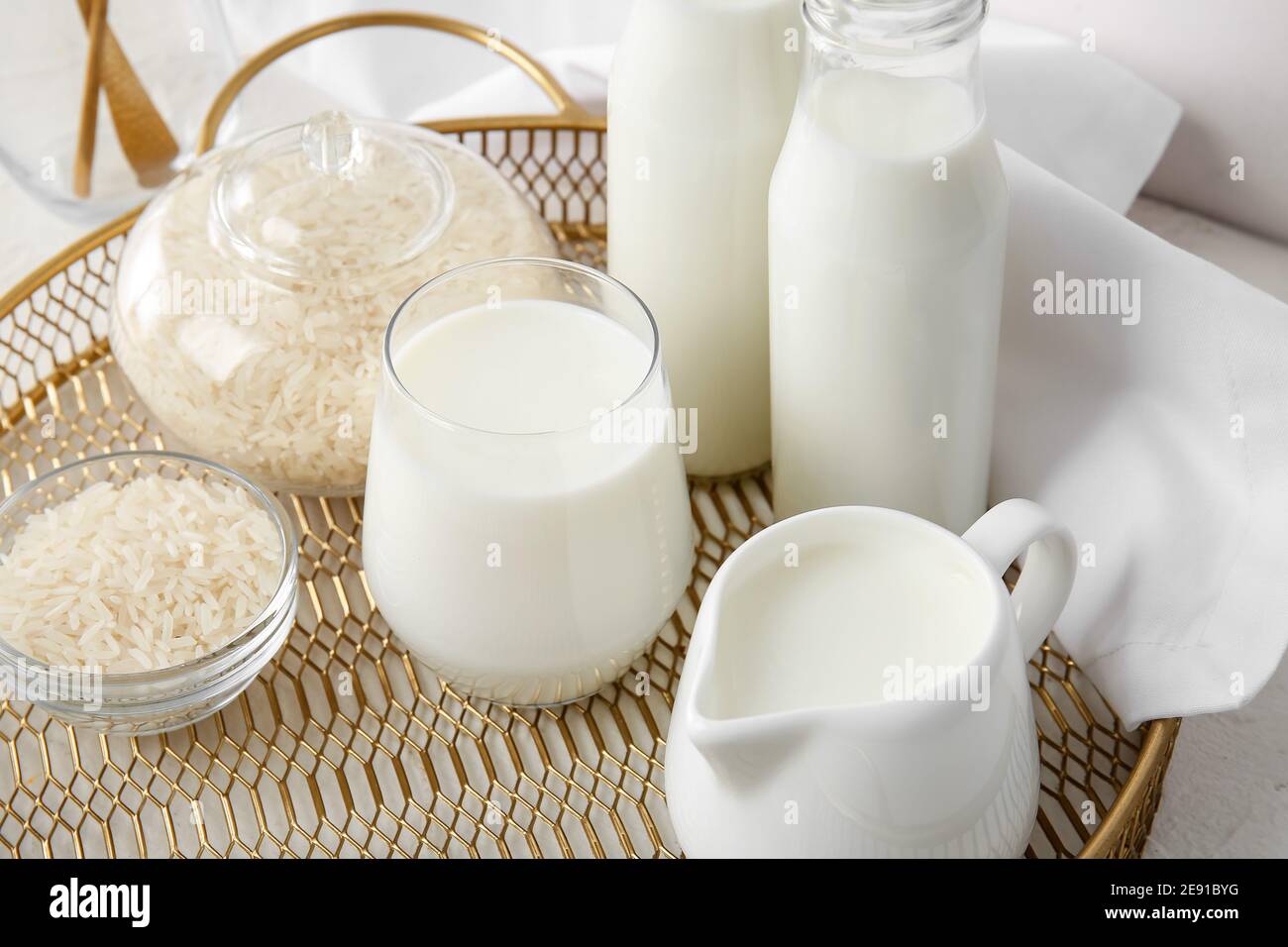 Healthy rice milk on tray Stock Photo - Alamy