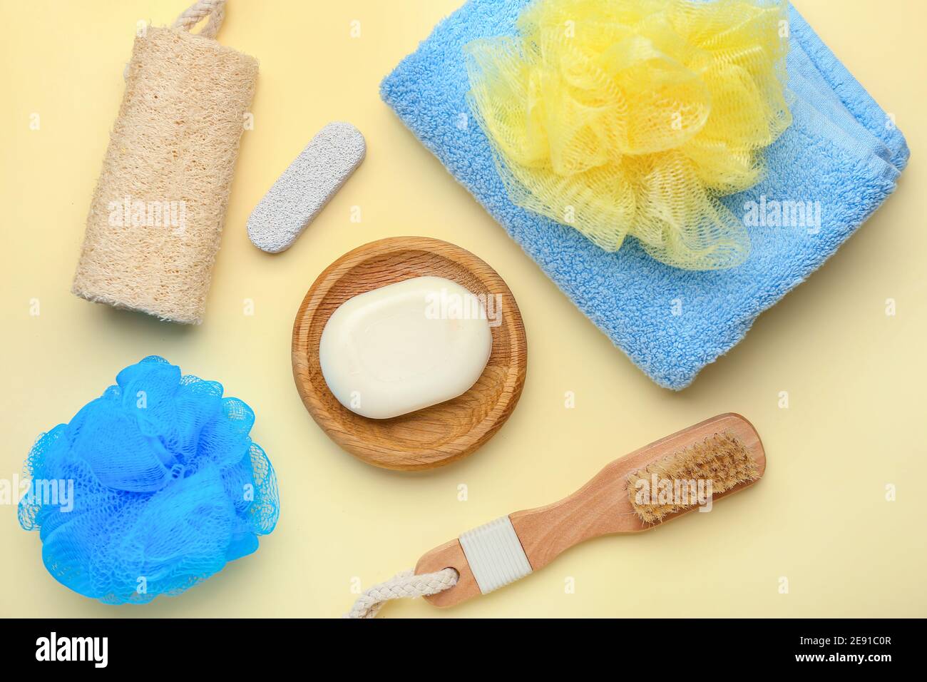 Bath cosmetics and accessories on color background Stock Photo - Alamy