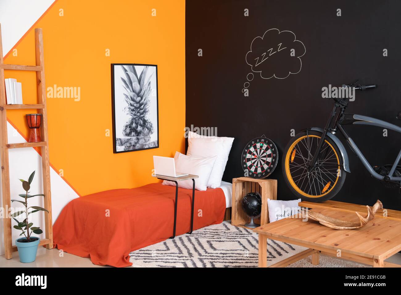 Interior of modern bedroom with bicycle Stock Photo - Alamy