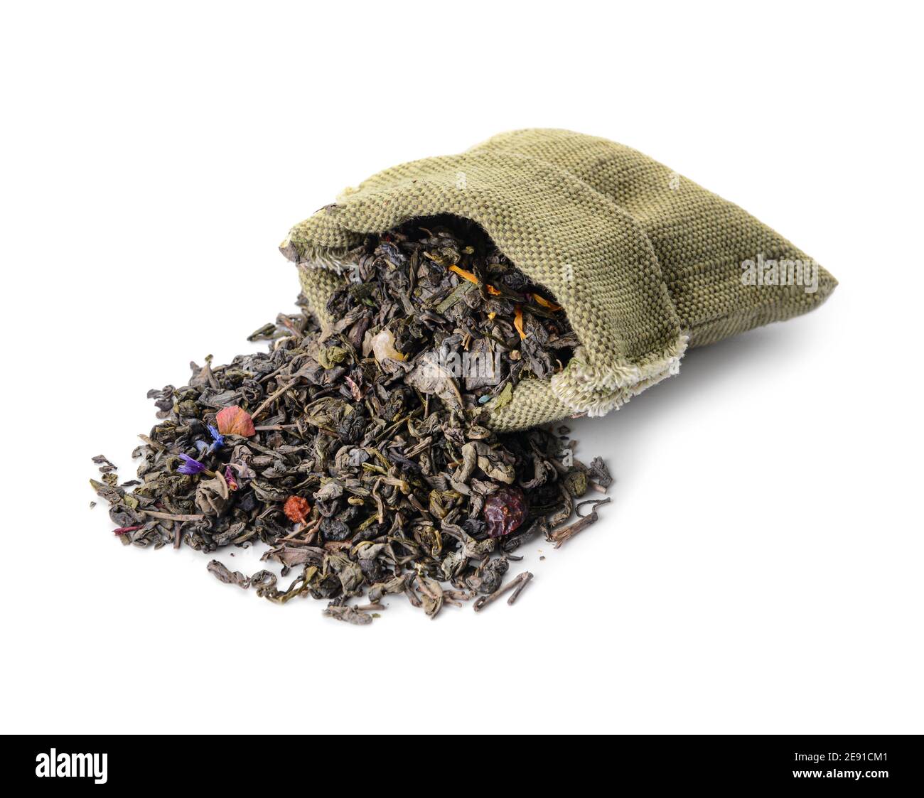 Bag with dry tea leaves on white background Stock Photo - Alamy