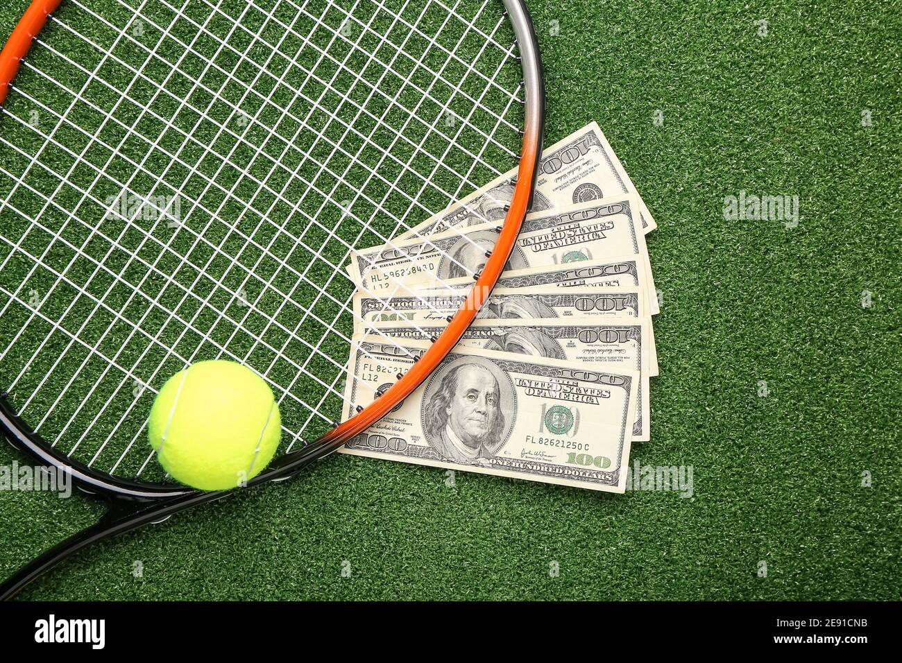Money, tennis rocket and ball on color background. Concept of sports ...