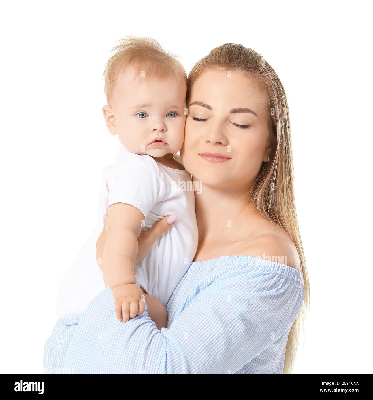 Happy mother with cute little baby on white background Stock Photo - Alamy