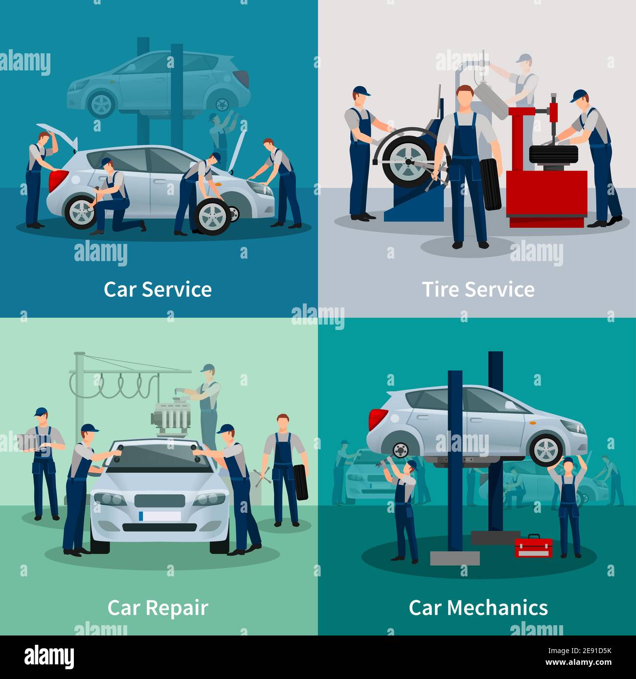 Flat 2x2 compositions presenting work process in car and tire services ...