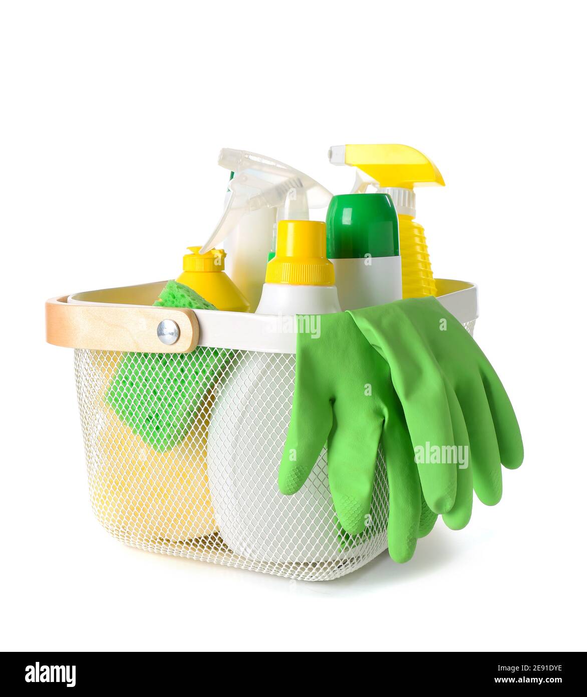 Set of cleaning supplies on white background Stock Photo - Alamy
