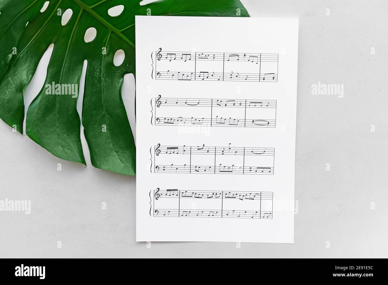 Paper sheet with music notes and green leaf on light background Stock ...