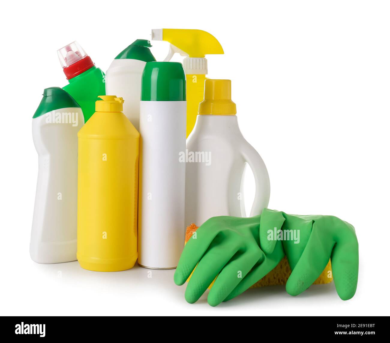 Set of cleaning supplies on white background Stock Photo - Alamy