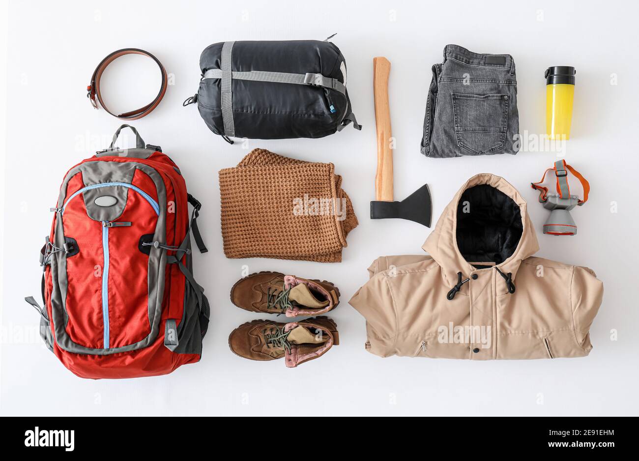 Equipment for hiking on white background Stock Photo - Alamy