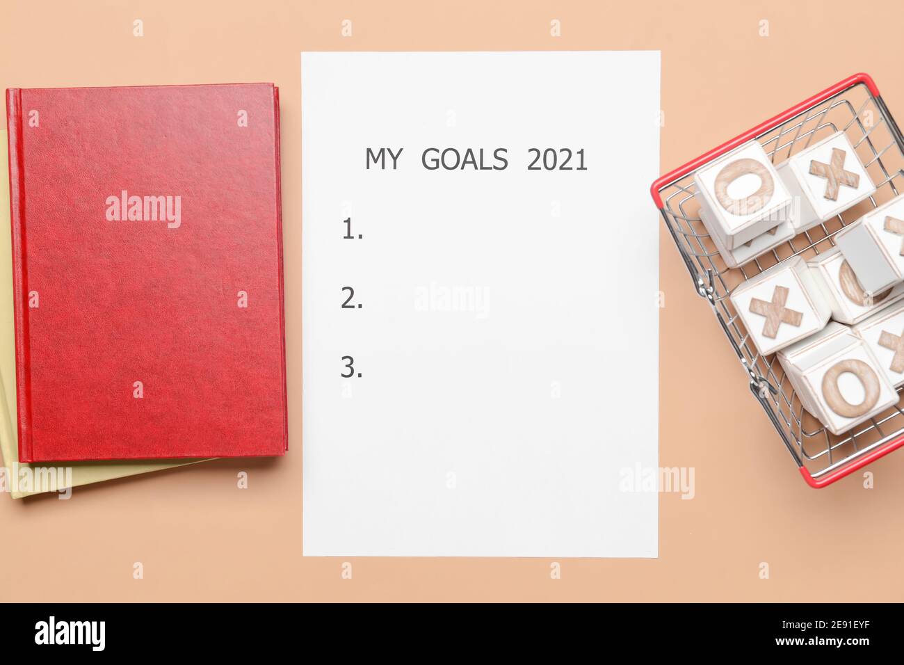 Empty to do list on 2021 year, notebooks and tick-tack-toe game on ...