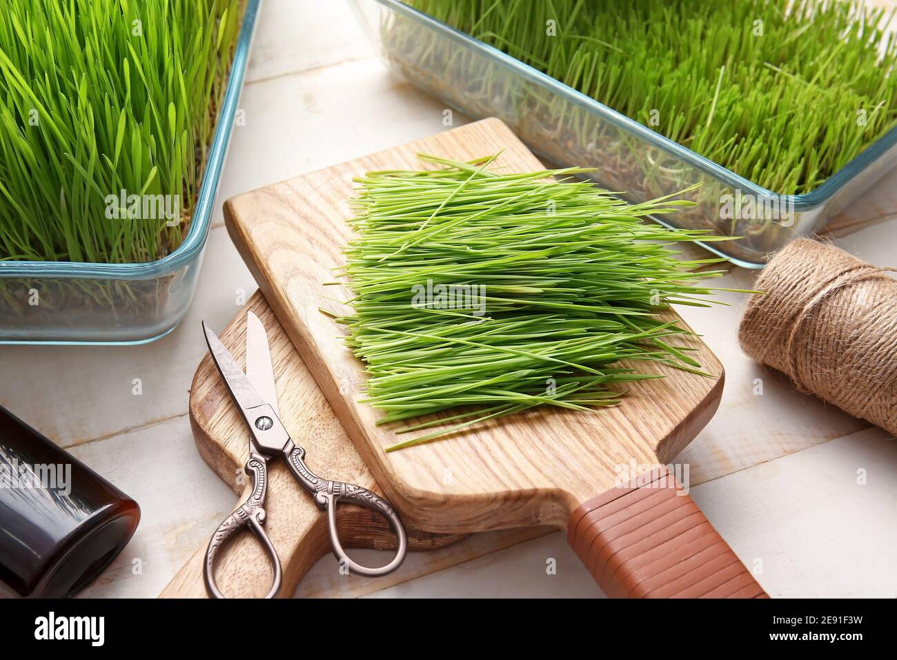 Fresh wheatgrass, bottle and twine on light background Stock Photo - Alamy