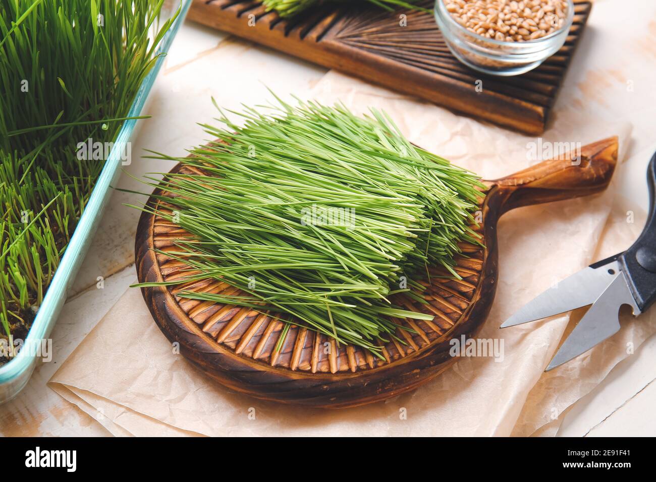 Fresh wheatgrass on light background Stock Photo - Alamy