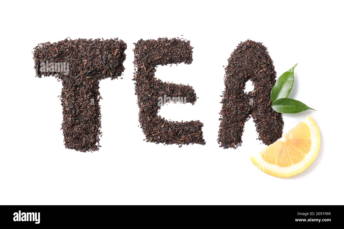 Word TEA made of dry leaves on white background Stock Photo - Alamy