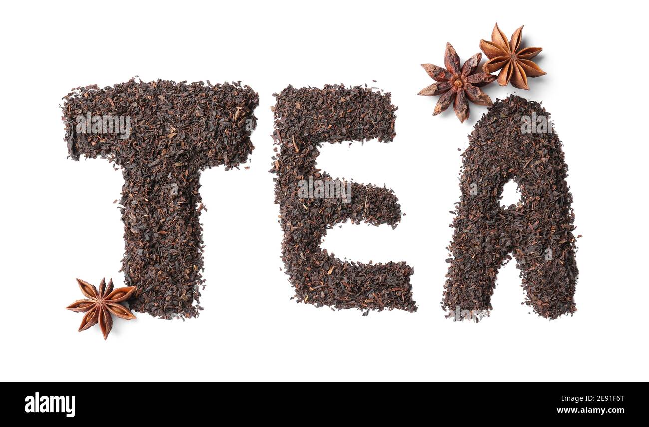 Word TEA made of dry leaves on white background Stock Photo - Alamy