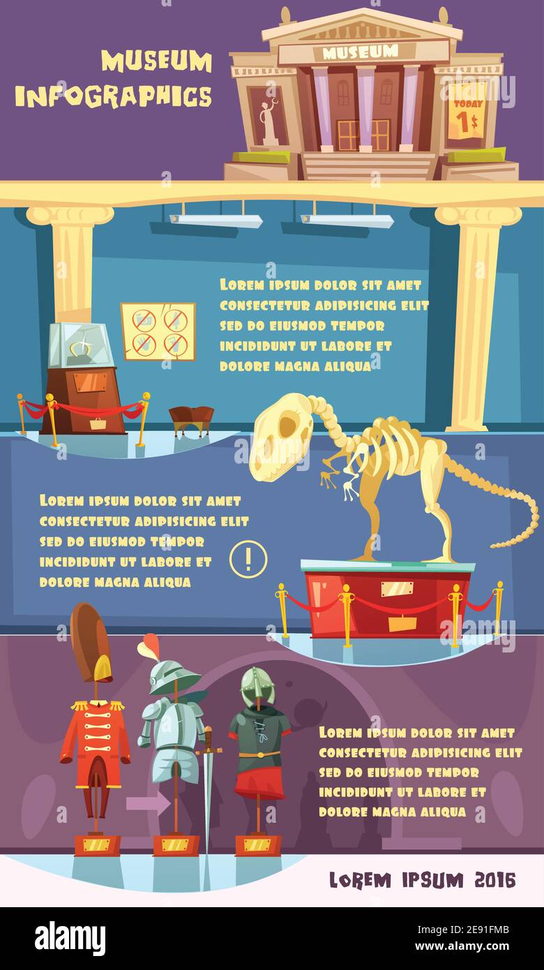 Color cartoon infographic with title description room and exhibits of ...