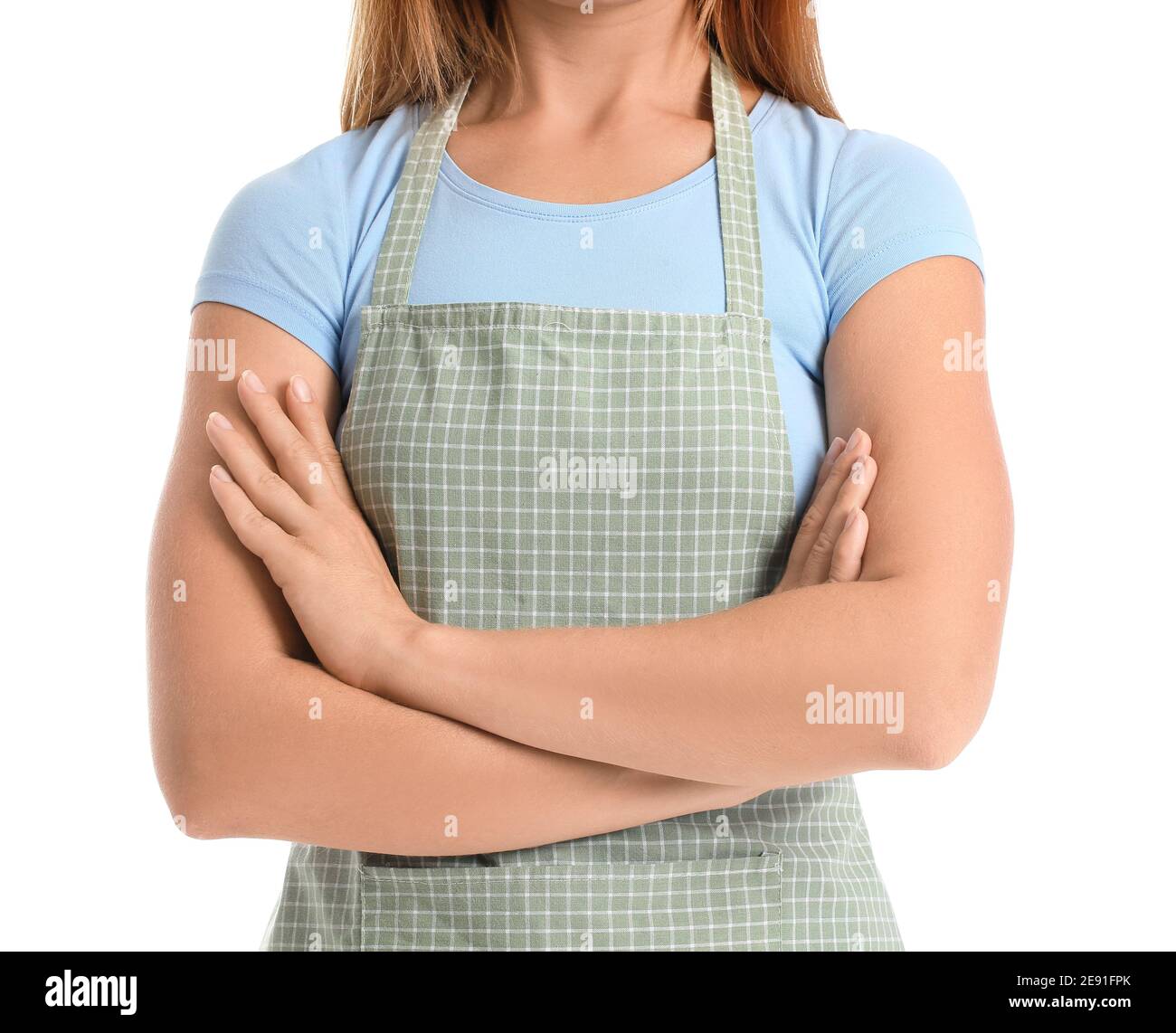 Beautiful young woman wearing apron on white background Stock Photo - Alamy
