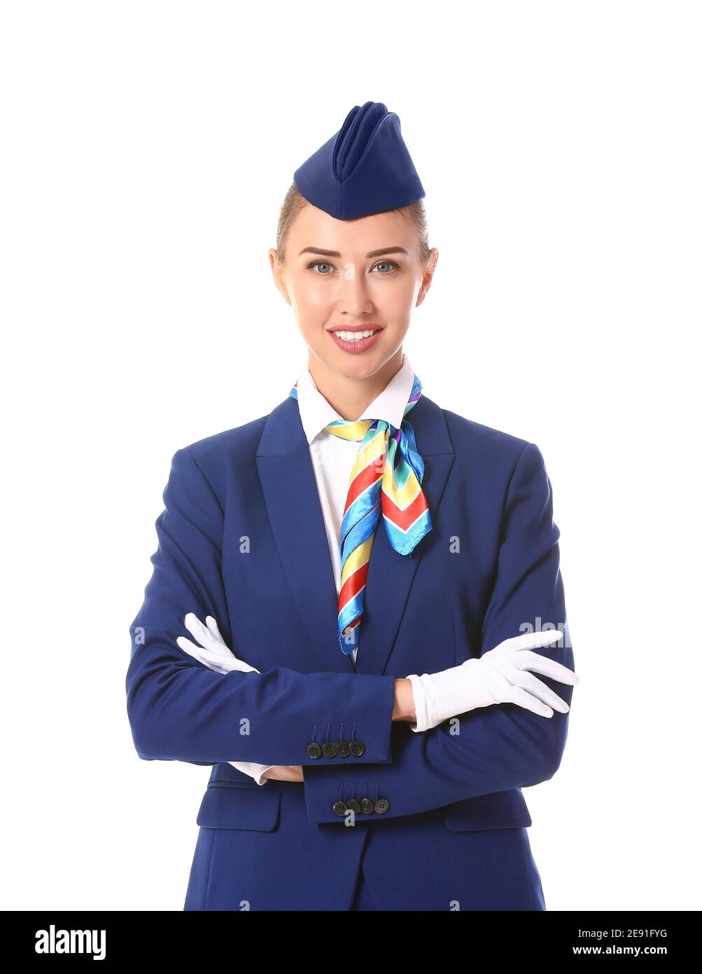 Beautiful stewardess on white background Stock Photo - Alamy