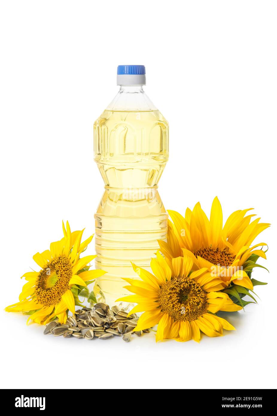 Bottle of oil, seeds and sunflowers on white background Stock Photo - Alamy