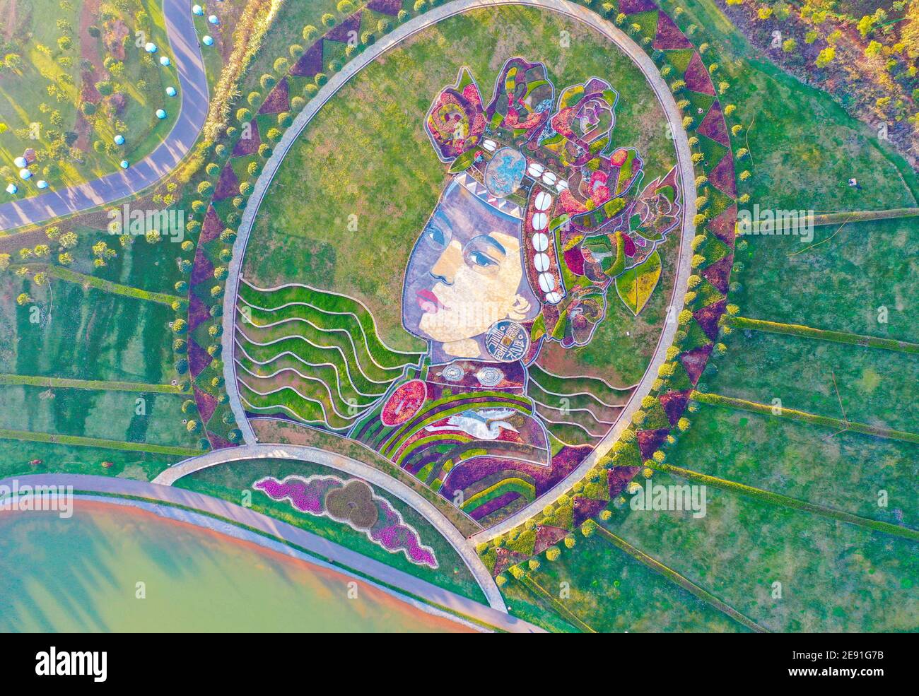 Mile City, China. 1st Feb, 2021. A splendid earthwork which covers 34000 square meters is seen ...