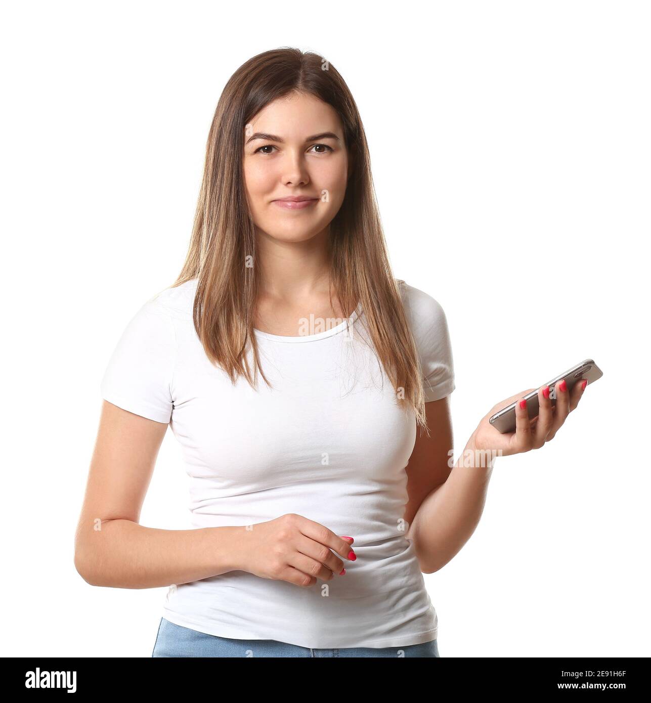 Beautiful young woman with mobile phone on white background Stock Photo ...