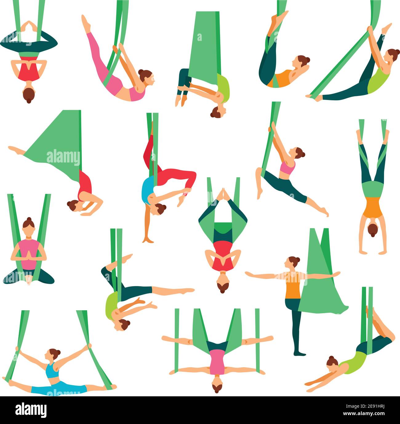 Aero yoga isolated decorative icons set with young girls doing anti gravity yoga exercises in ...