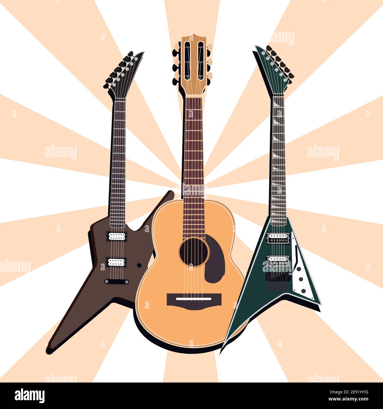 acoustic and electric guitars musical instrument, sunburst background ...