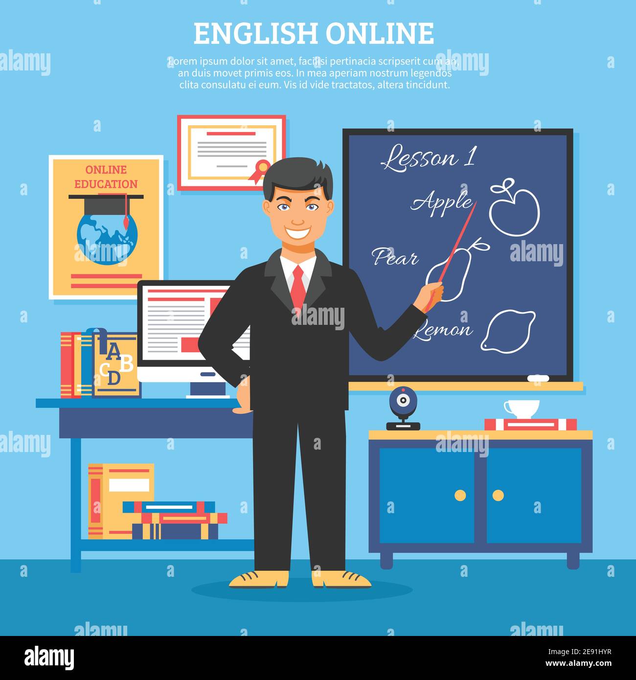 Online education training illustration poster with teacher standing at ...