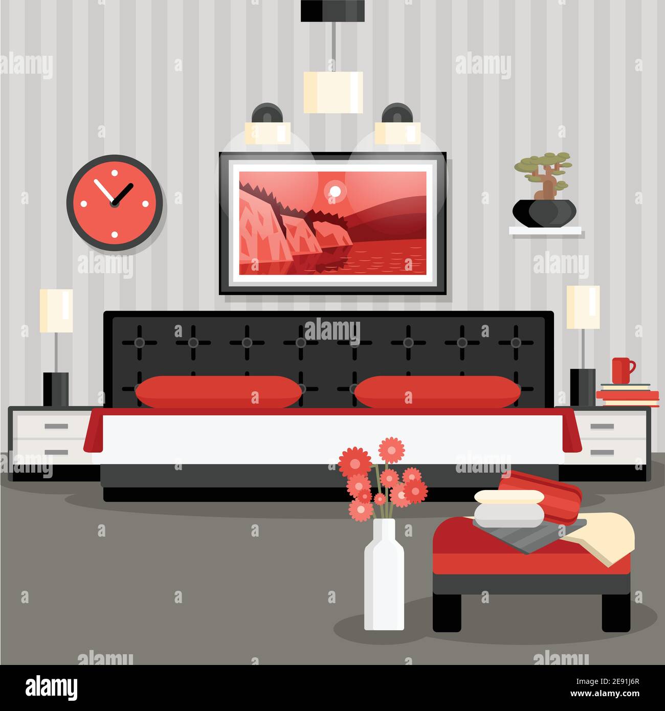 Bedroom design cartoon concept with bed flowers lamps and painting ...