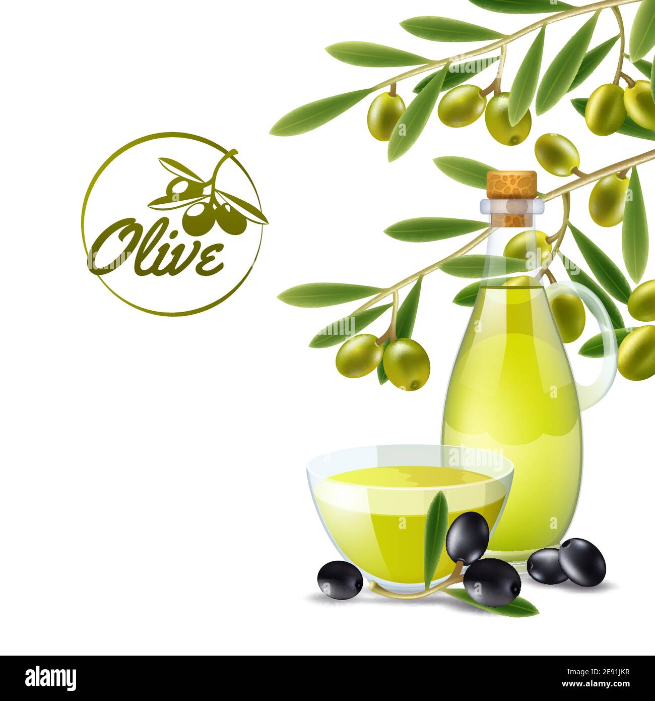 Olive oil pourer with branch of green olives decorative background ...