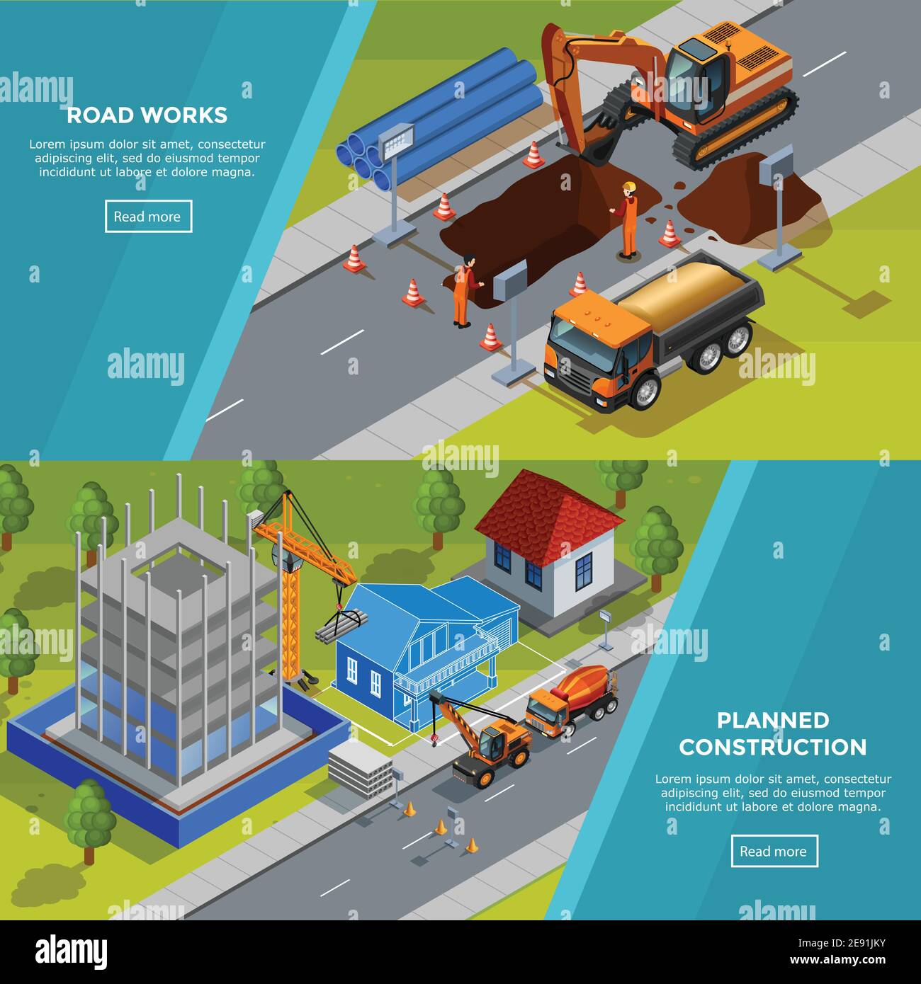 Construction horizontal isometric banners with road works composition ...