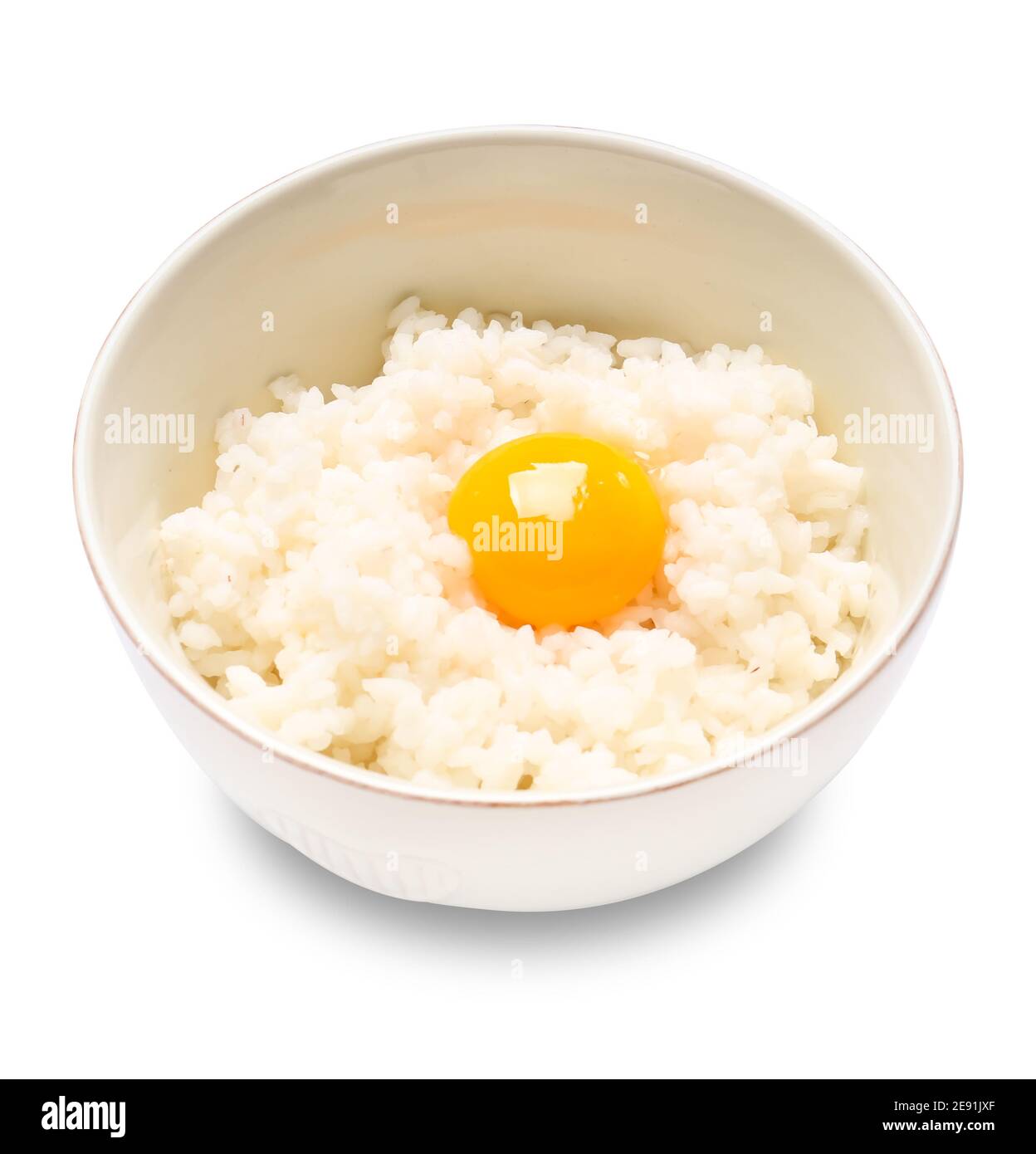 Bowl with tasty egg and rice on white background Stock Photo - Alamy