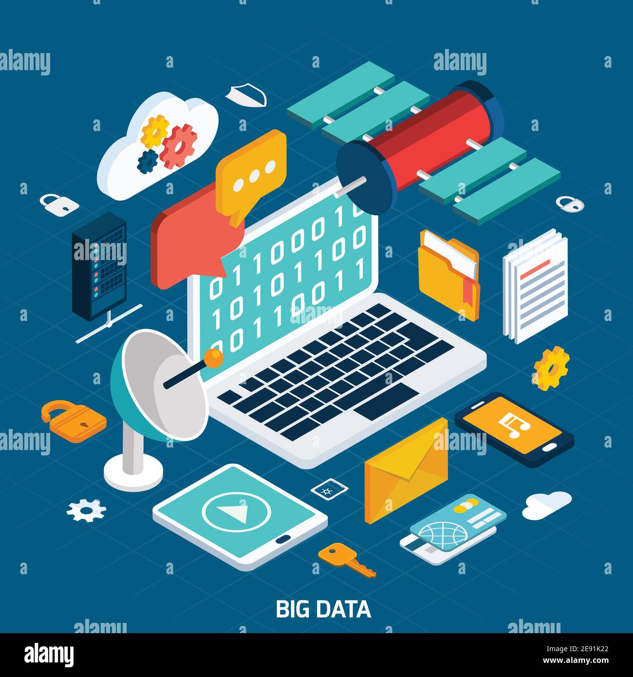 Big data concept with isometric notebook and digital icons vector ...
