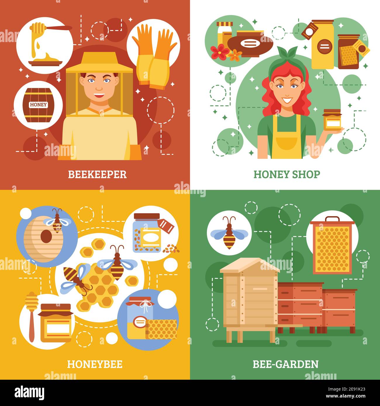 Four beekeeping design icon set with descriptions of beekeepers work ...