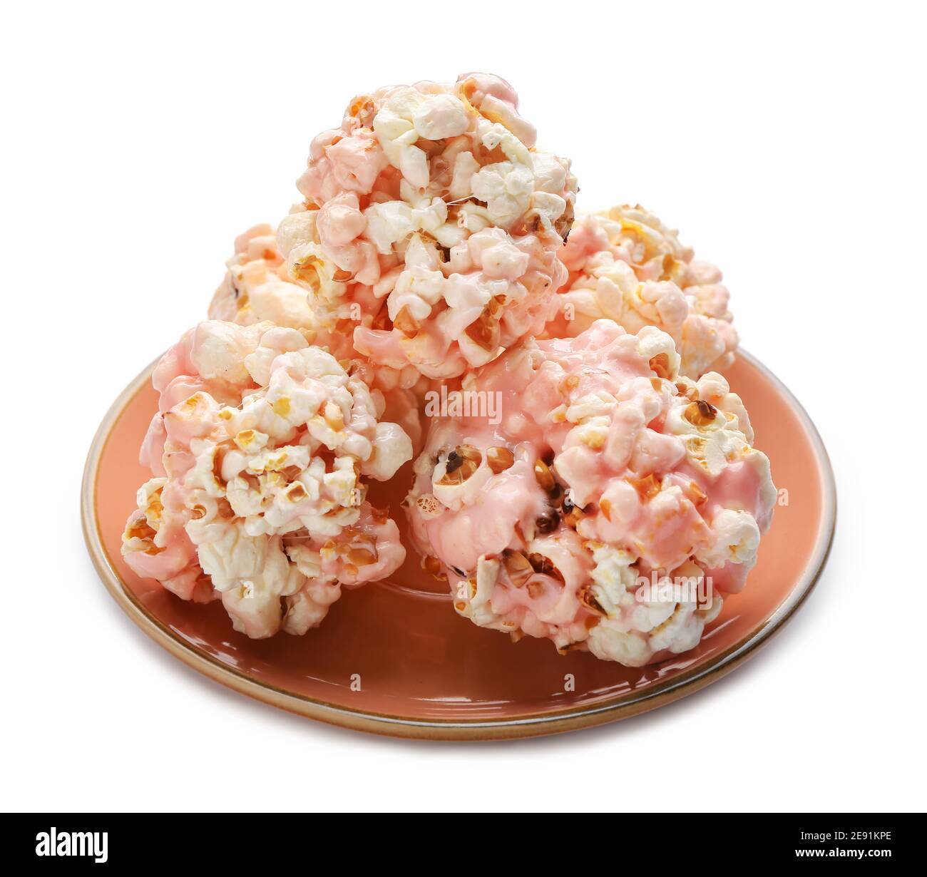 Plate with tasty popcorn balls on white background Stock Photo - Alamy