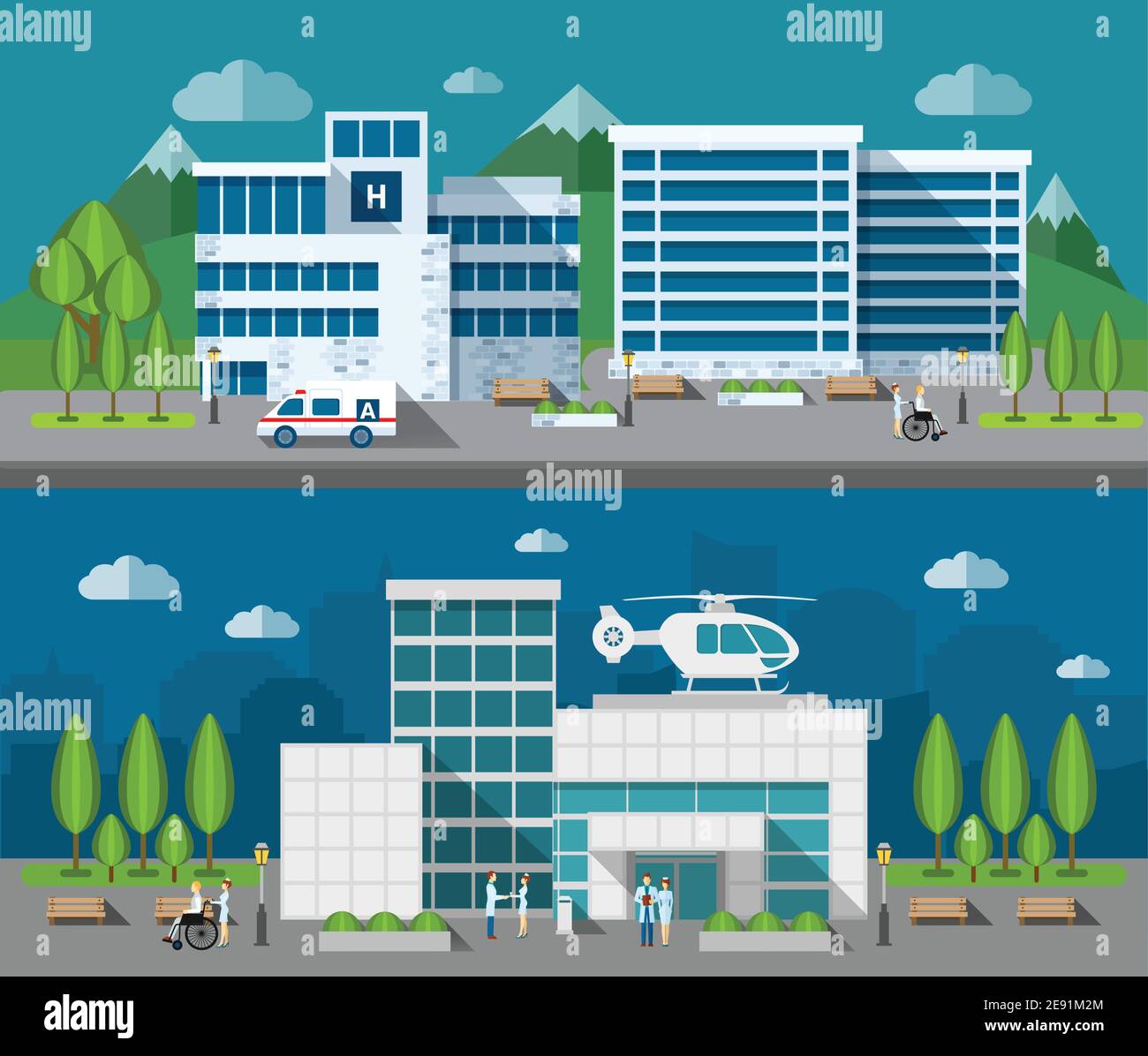 Hospital buildings front flat horizontal banner set isolated vector ...