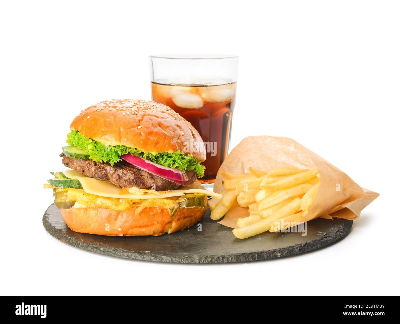 Board with tasty burger, french fries and cola drink on white ...