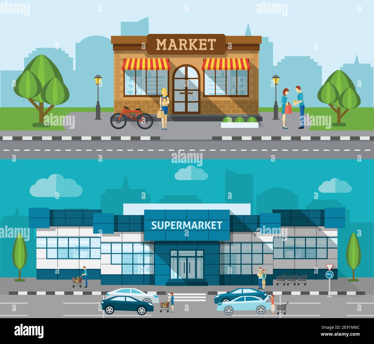 Shop market and supermarket buildings flat horizontal banner set ...