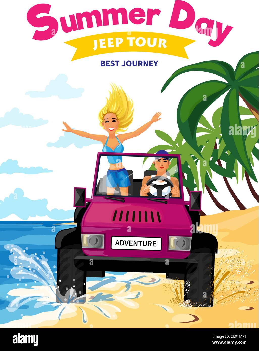 Summer holidays design concept in cartoon style with young girl and boy ...