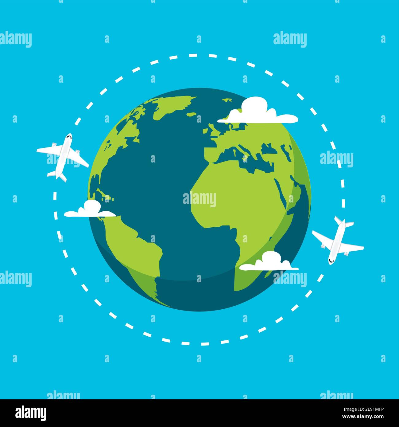 Airplane vector earth world globe icon. Plane flying round travel ...