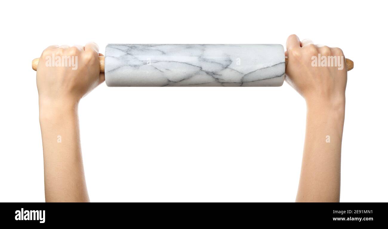 Female hands with rolling pin on white background Stock Photo - Alamy