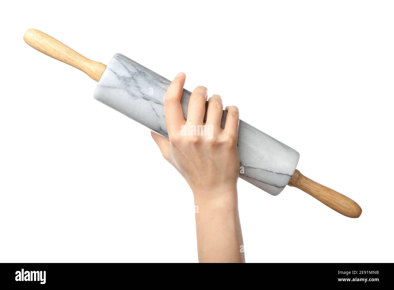 Female hand with rolling pin on white background Stock Photo - Alamy