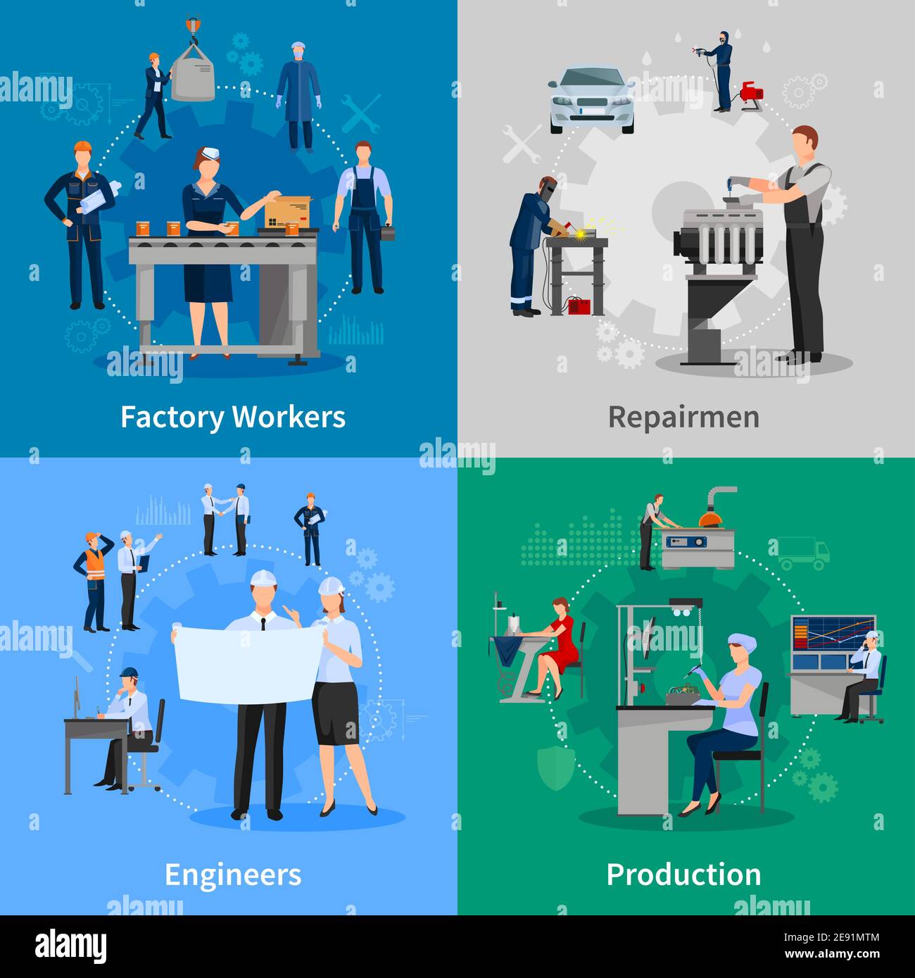 Colorful 2x2 compositions with professionals at work presenting factory ...