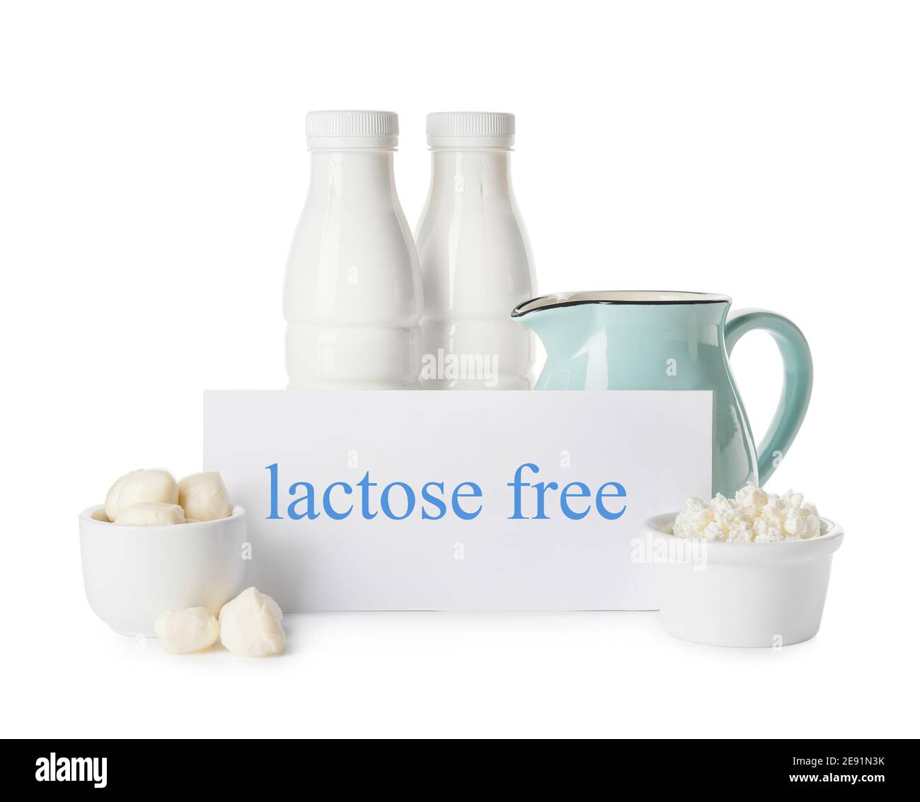 Different dairy products without lactose on white background Stock ...