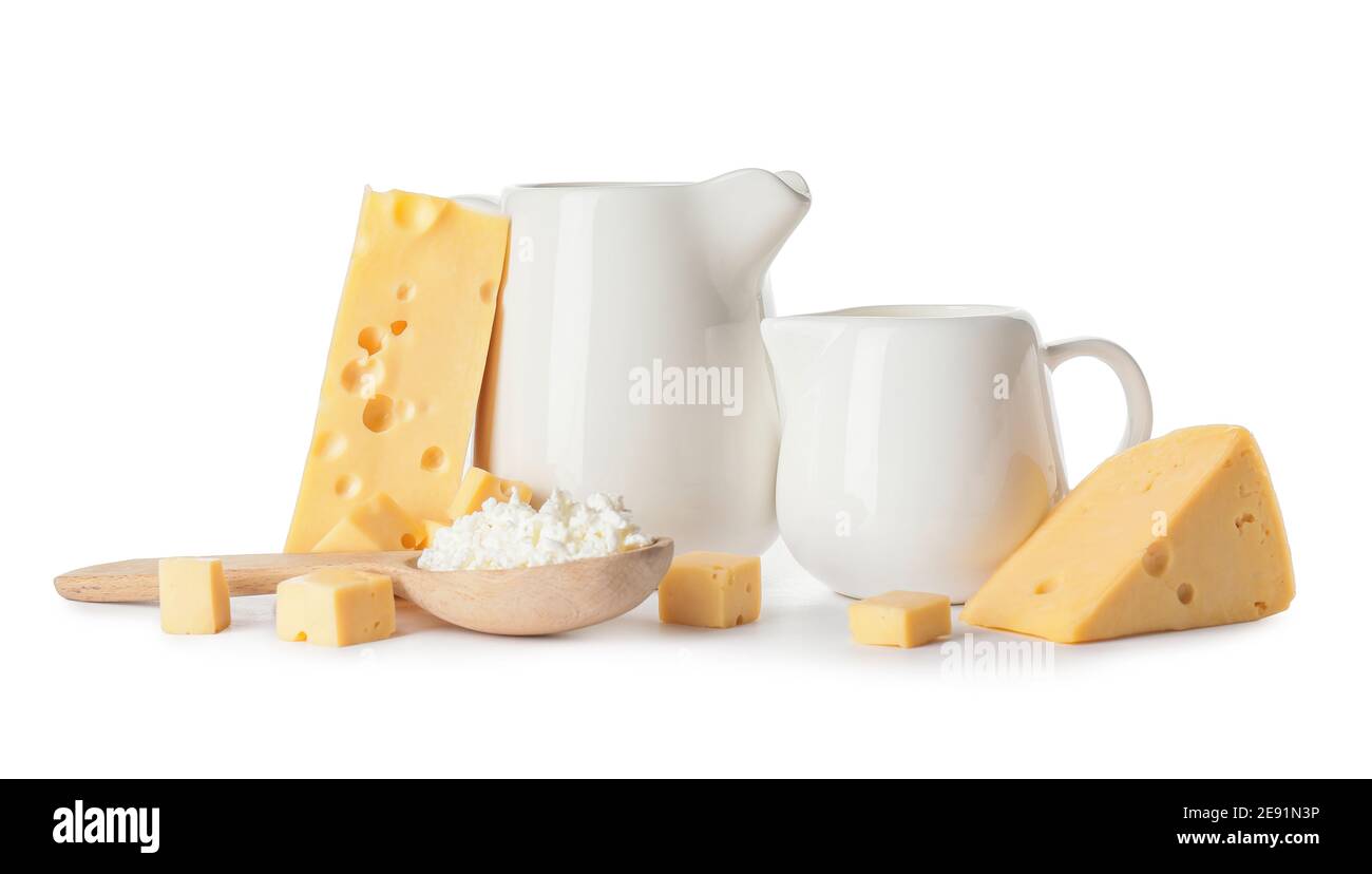 Different dairy products without lactose on white background Stock ...