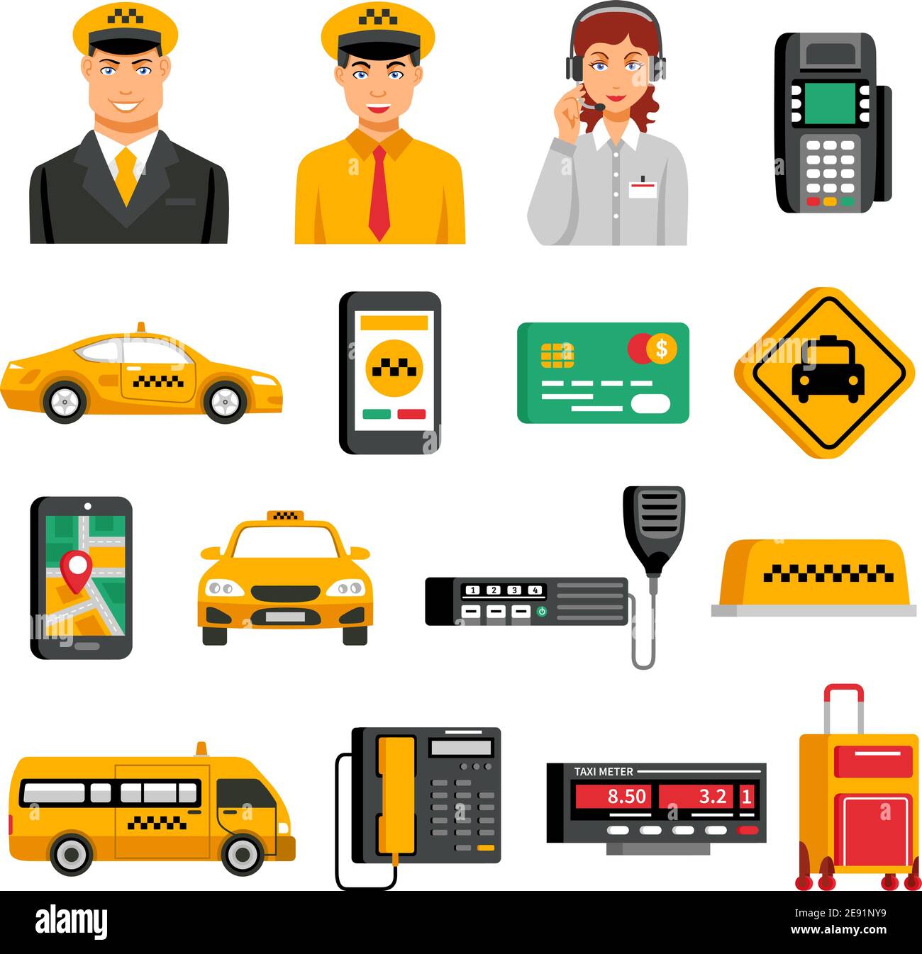 Taxi service icon set with equipment tools for operation of taxi and ...