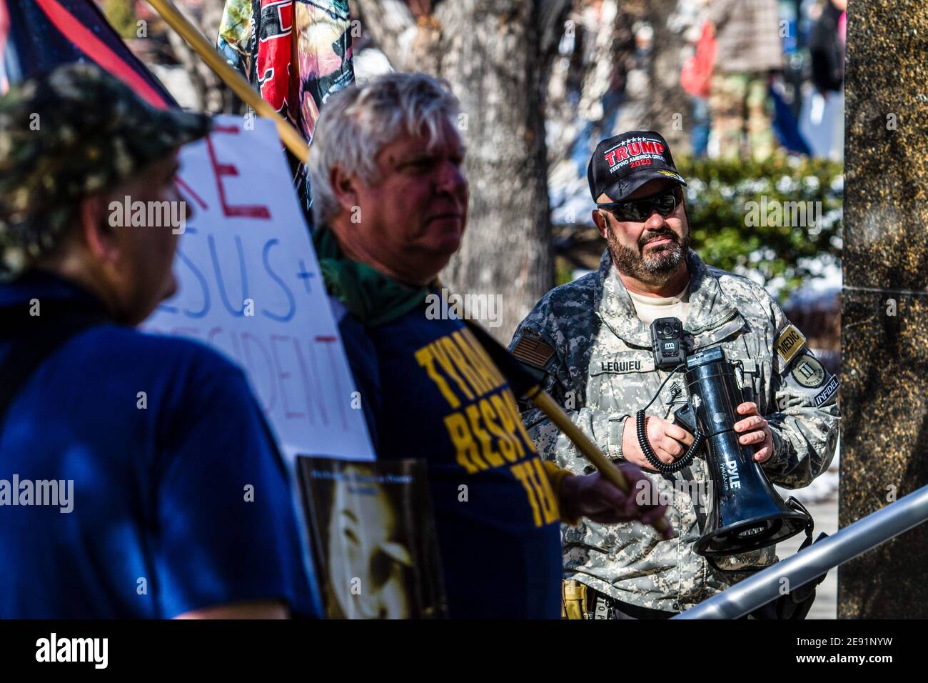 Carson, United States. 01st Feb, 2021. Corey Lequieu holds a megaphone ...