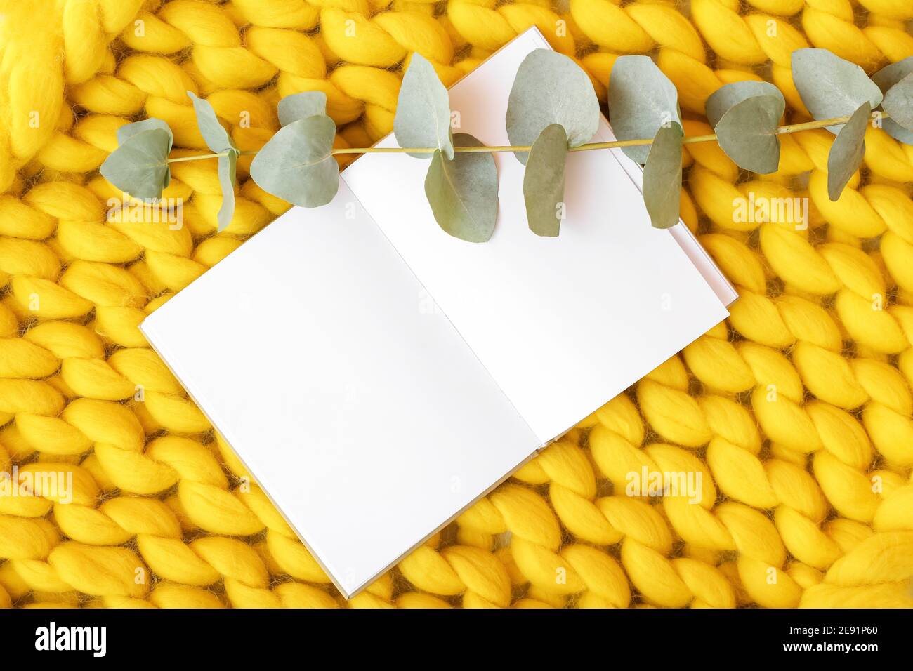 Empty book on knitted plaid, top view Stock Photo - Alamy